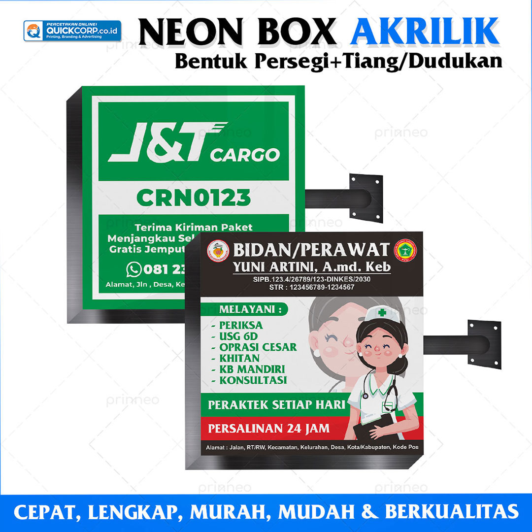 Neon Box Akrilik Desain Custom 1&2 Sisi dengan Dudukan Besi