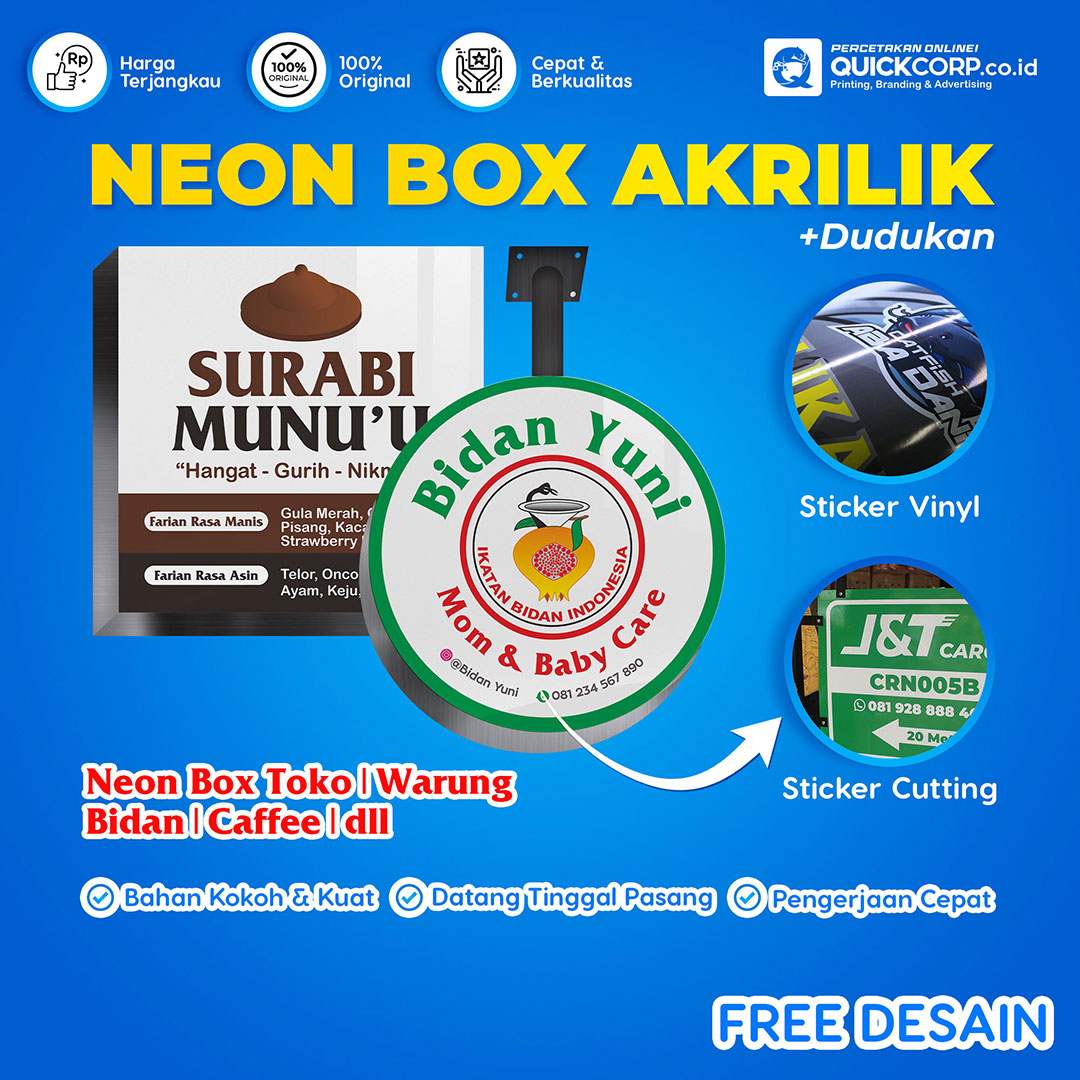 Neon Box Akrilik Desain Custom 1&2 Sisi dengan Dudukan Besi